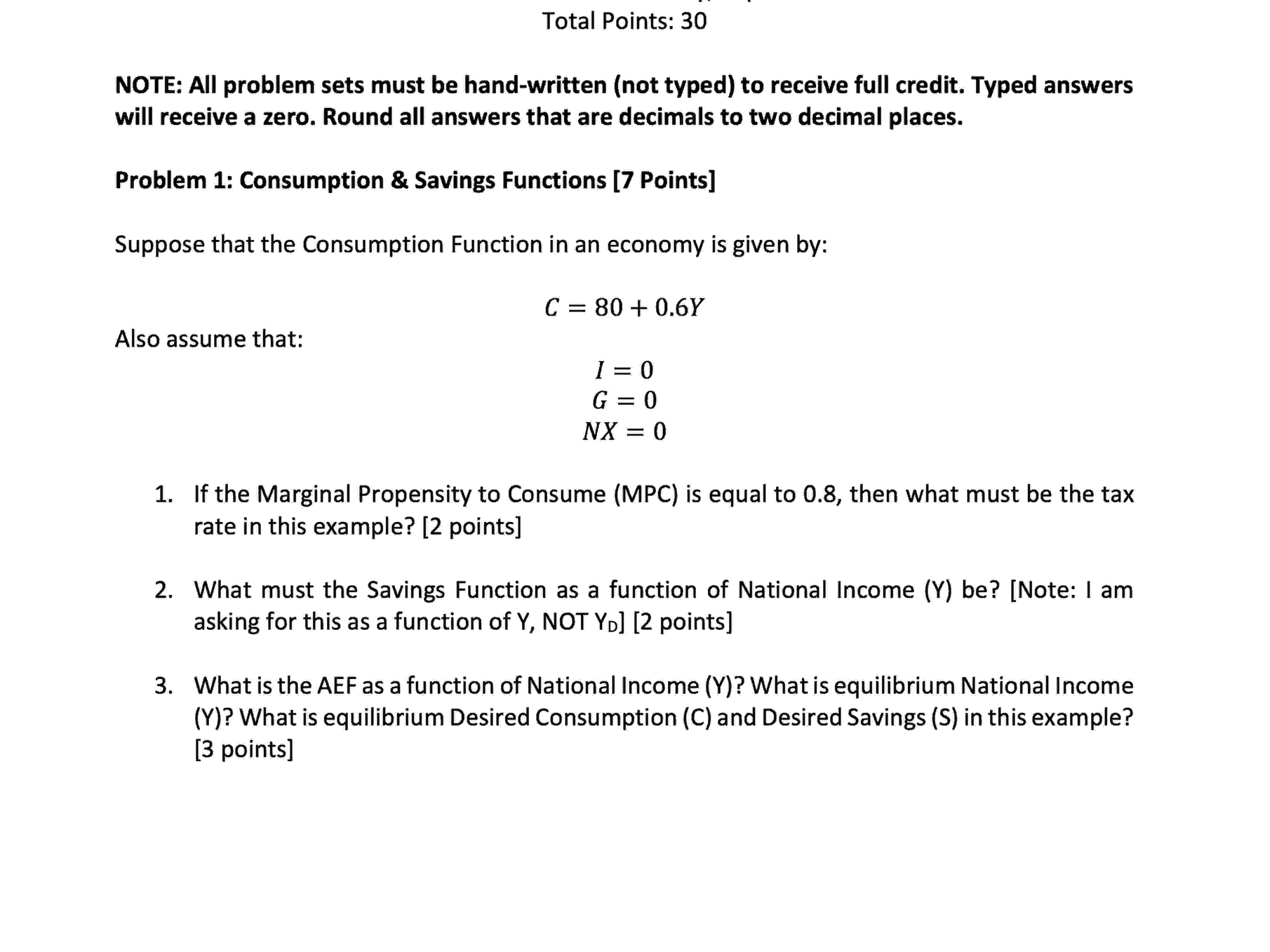 Solved Problem 1: Consumption & Savings Functions [7 | Chegg.com
