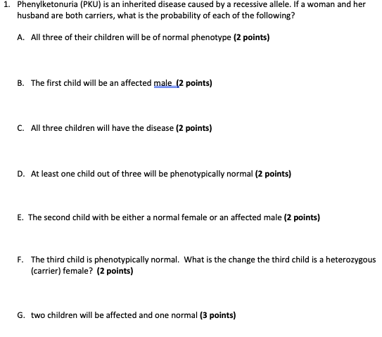 Solved 1. Phenylketonuria (PKU) is an inherited disease | Chegg.com