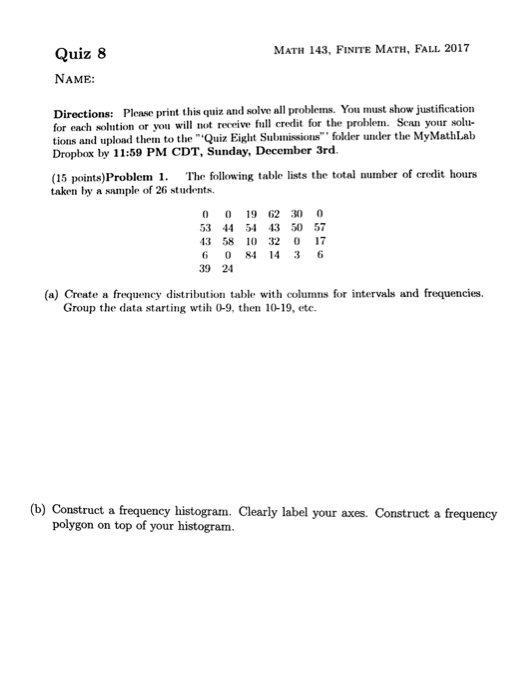 Solved Quiz 8 Math 143 Finite Math Fall 2017 Name Dire