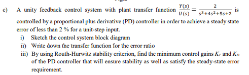 Solved c) Y(S) is 2 A unity feedback control system with | Chegg.com