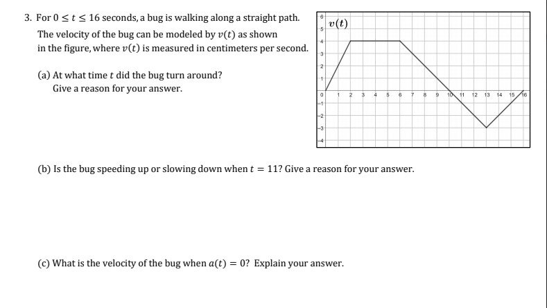 Solved 6 v(t) 5 3. For 0 st s 16 seconds, a bug is walking | Chegg.com
