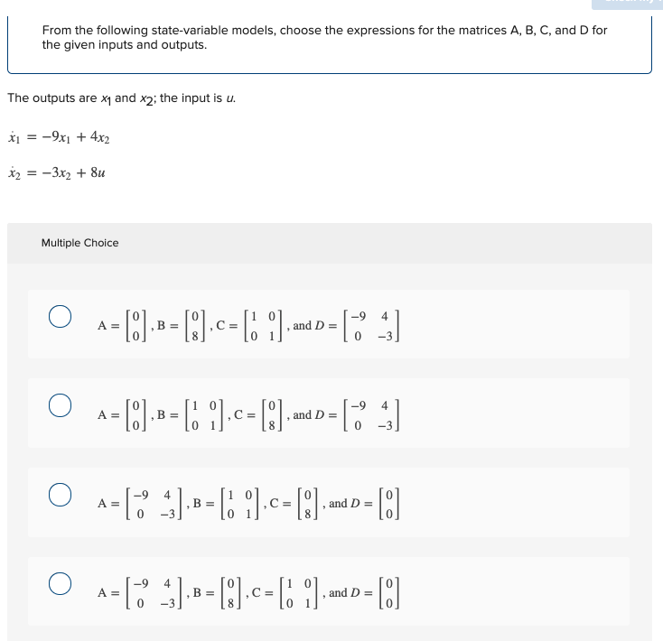 Solved From the following state-variable models, choose the | Chegg.com
