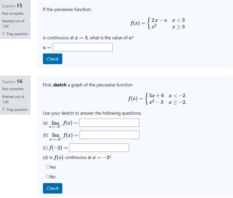 Solved If the piecewise function: Question 15 Not complete | Chegg.com