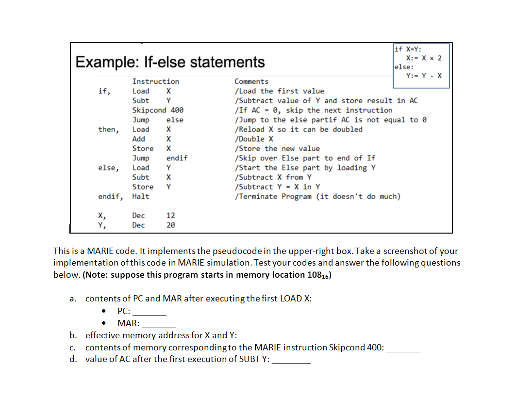 Solved Example: If-else statements if, Jump if X=Y: X:- X x | Chegg.com