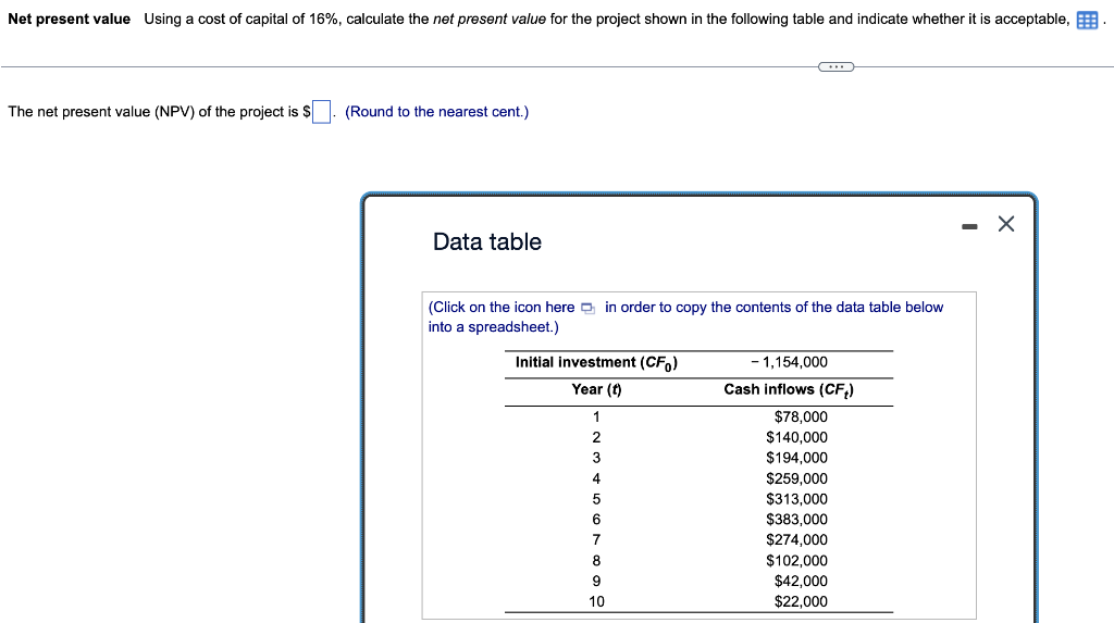 Solved Net present value Using a cost of capital of 16%, | Chegg.com