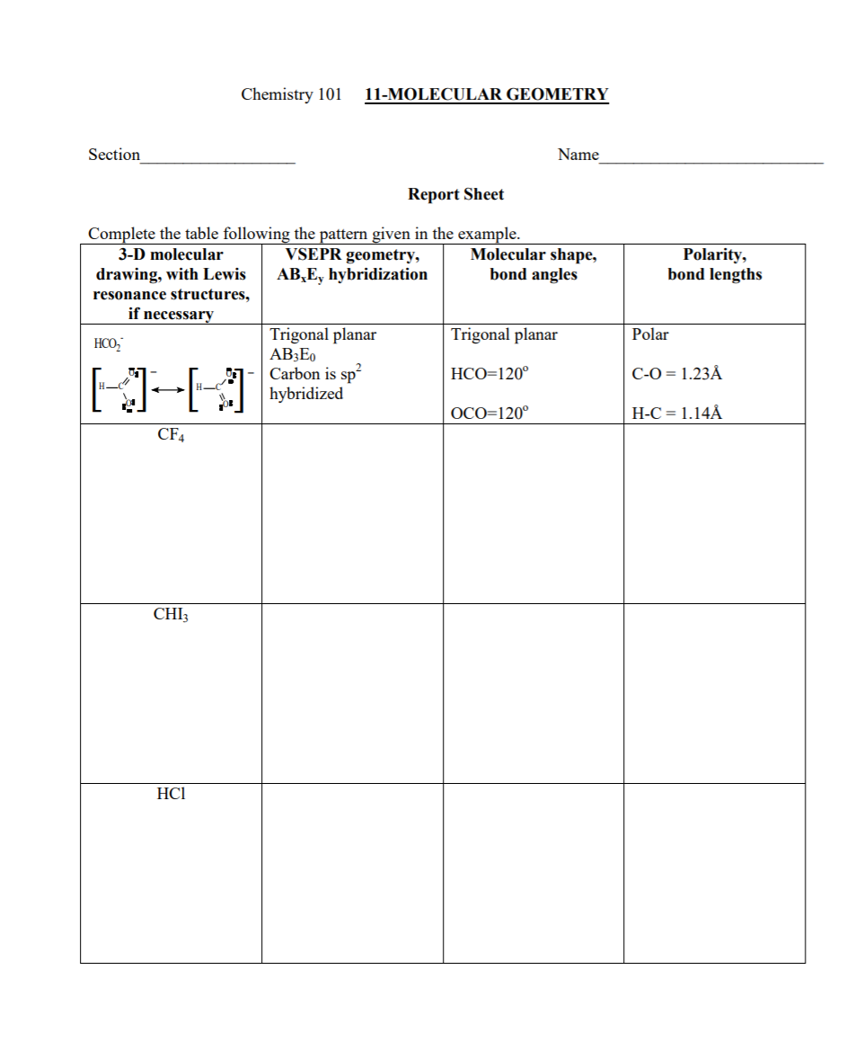 Solved Chemistry 101 11-MOLECULAR GEOMETRY Section Name | Chegg.com