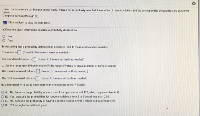 Solved Based on data from a car bumper sticker study, when a | Chegg.com