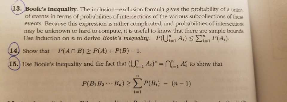 Solved 13. Boole's inequality. The inclusion-exclusion | Chegg.com