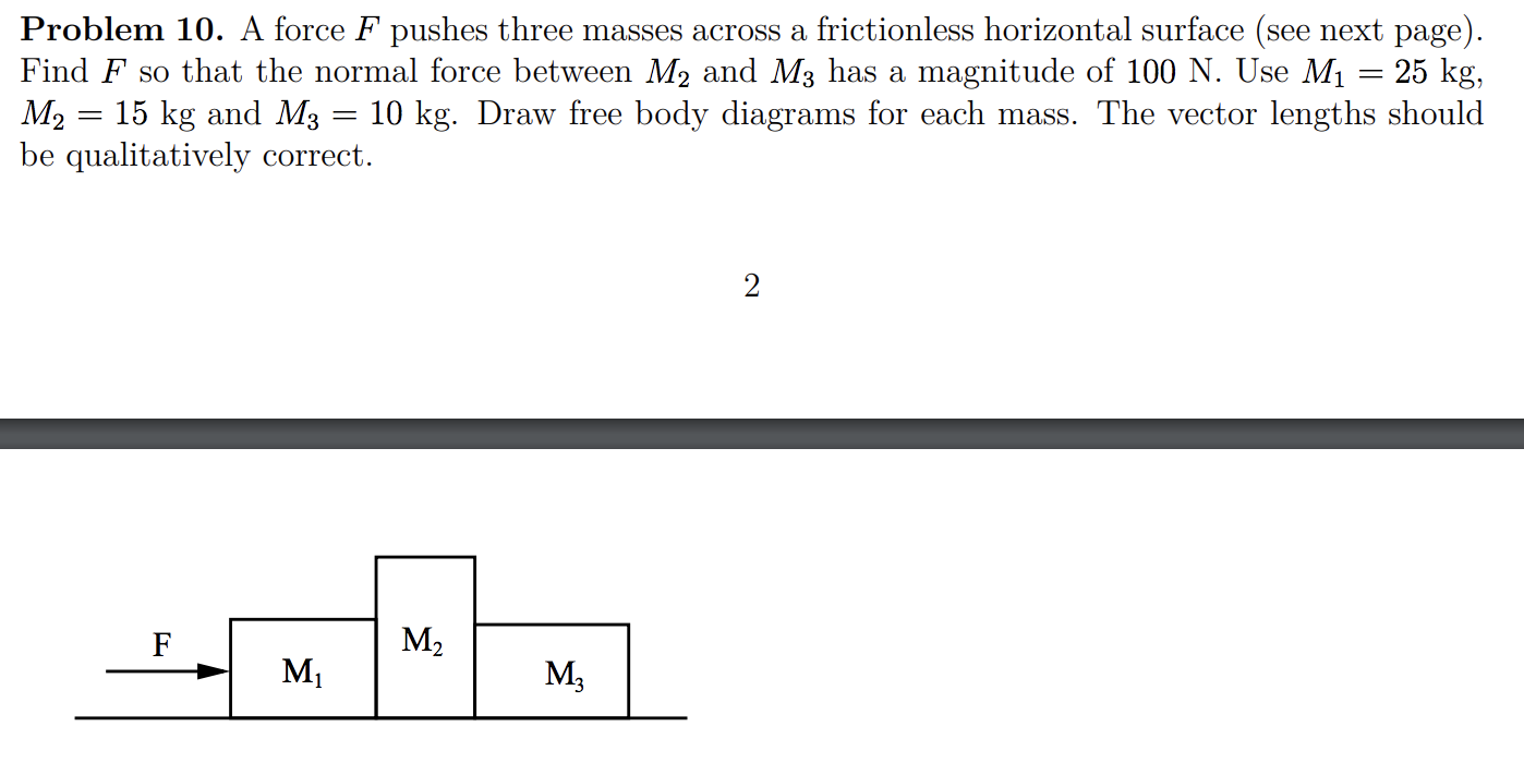 Solved Problem 10. A force F pushes three masses across a | Chegg.com Solved Problem 10. A force F pushes three masses across a | Chegg.com