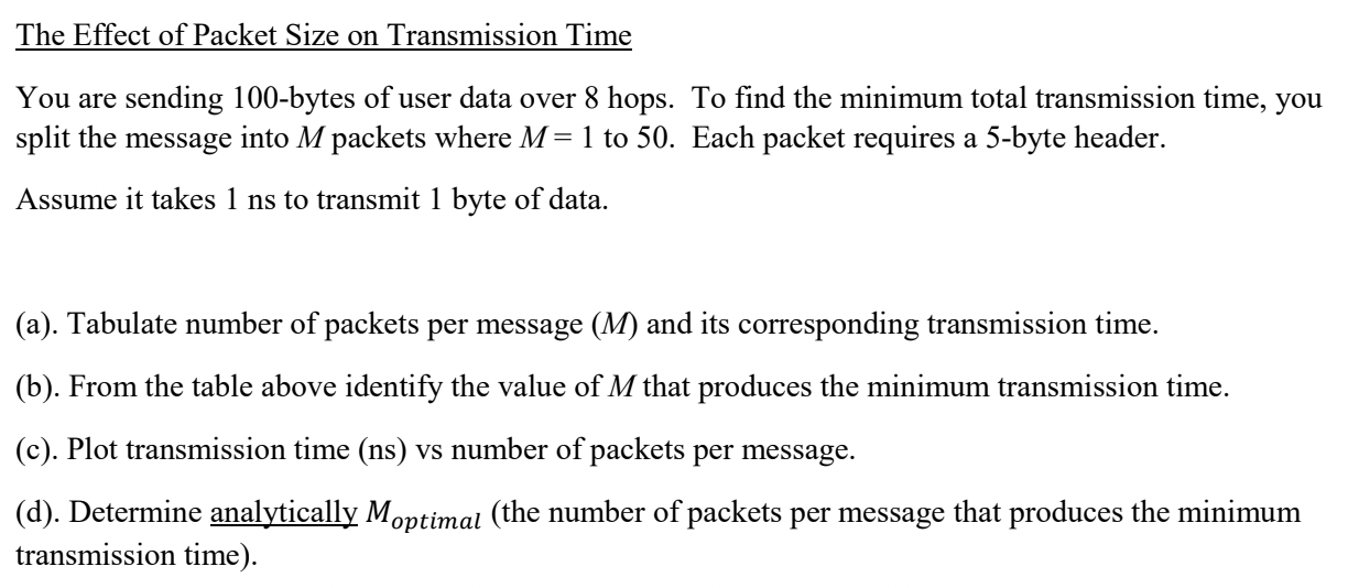 Solved The Effect of Packet Size on Transmission Time You | Chegg.com