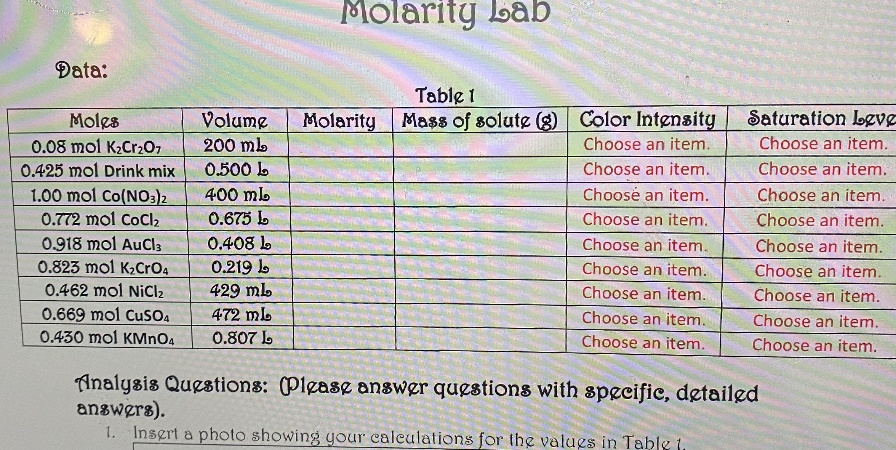 Solved Molarity Lab Data: Analysis Questions: (Please answer | Chegg.com