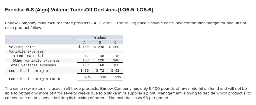 Solved Exercise 6-8 (Algo) Volume Trade-Off Decisions | Chegg.com