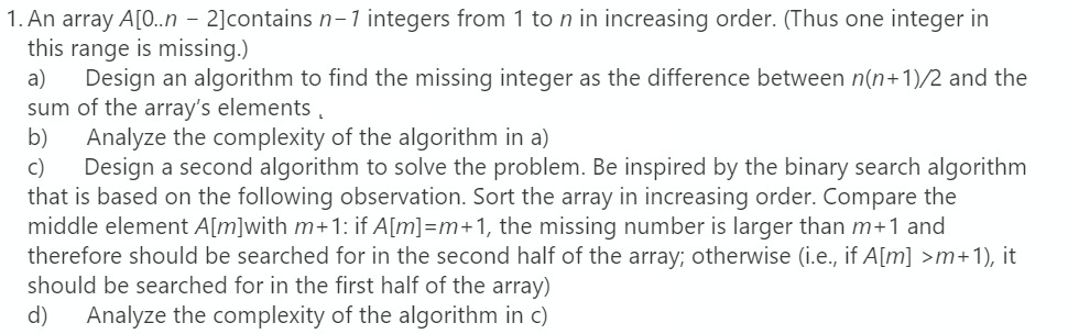 Solved 1. An array A[0...n - 2]contains n-1 integers from 1 | Chegg.com
