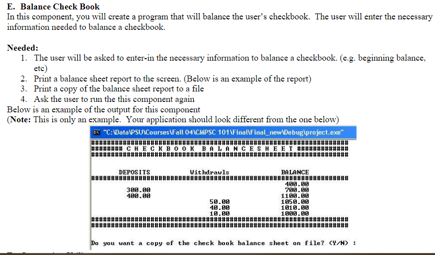 Solved E. Balance Check Book In this component, you will | Chegg.com