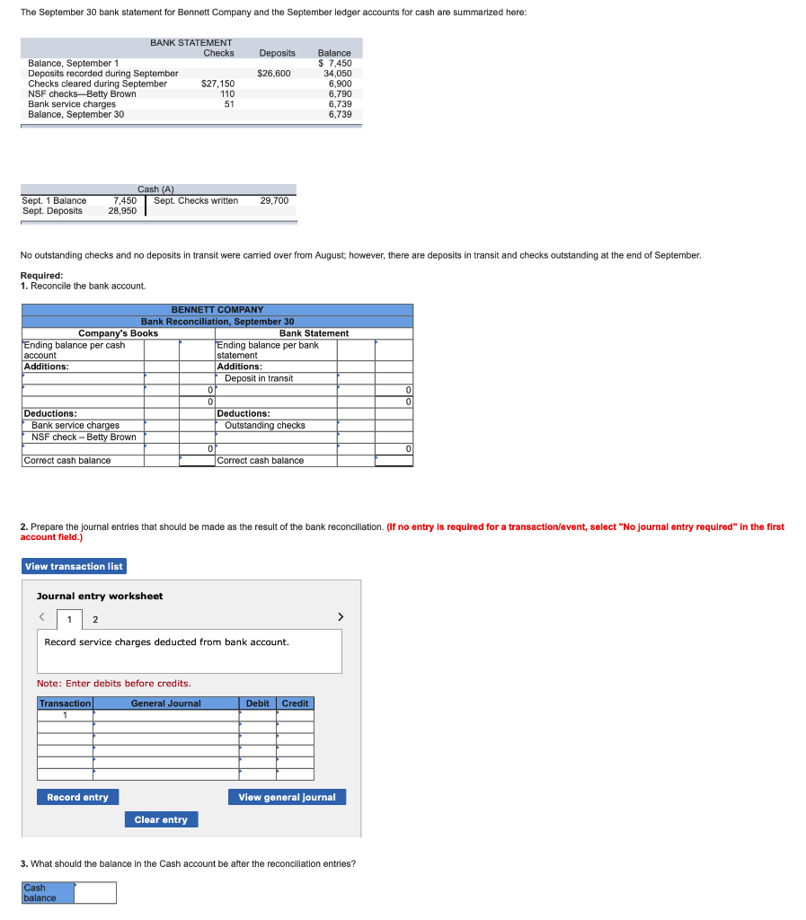 Solved The September 30 bank statement for Bennett Company | Chegg.com