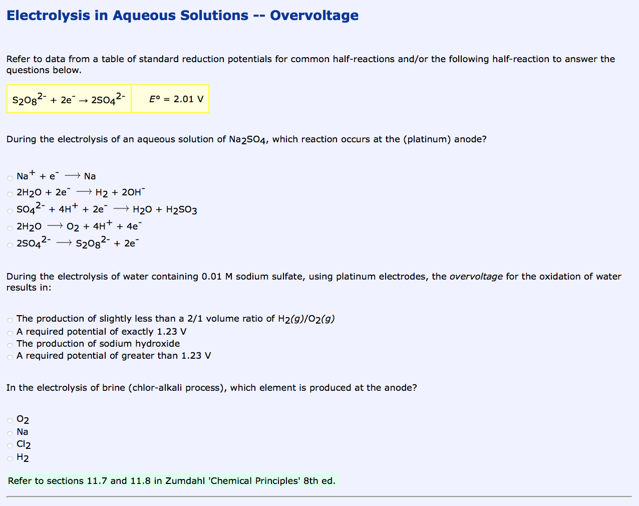 Solved Electrolysis in Aqueous Solutions Overvoltage Refer | Chegg.com