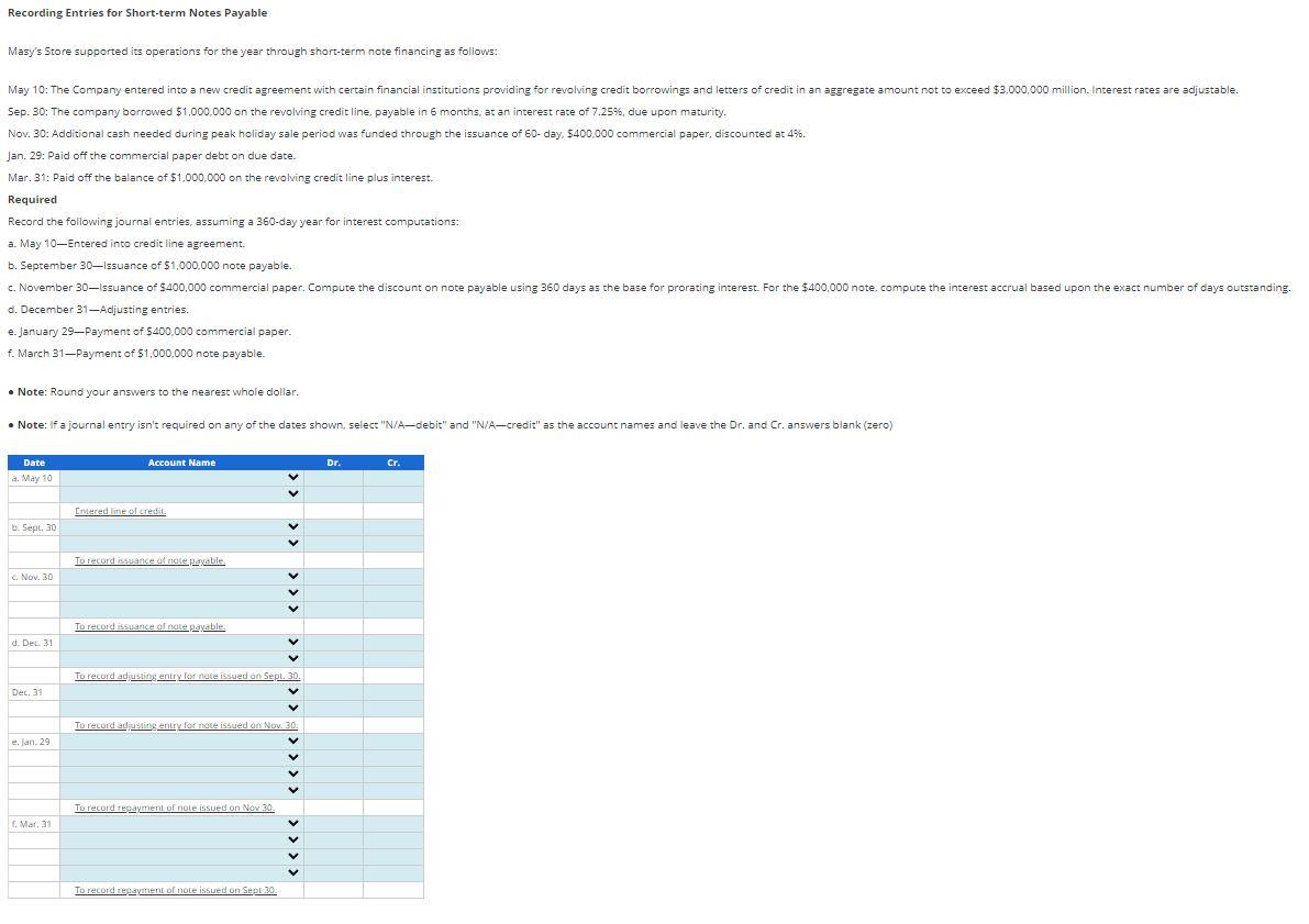Solved Recording Entries for Short-term Notes Payable Masy's | Chegg.com