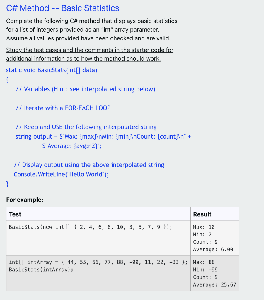 Solved C# Method -- Basic Statistics Complete the following | Chegg.com