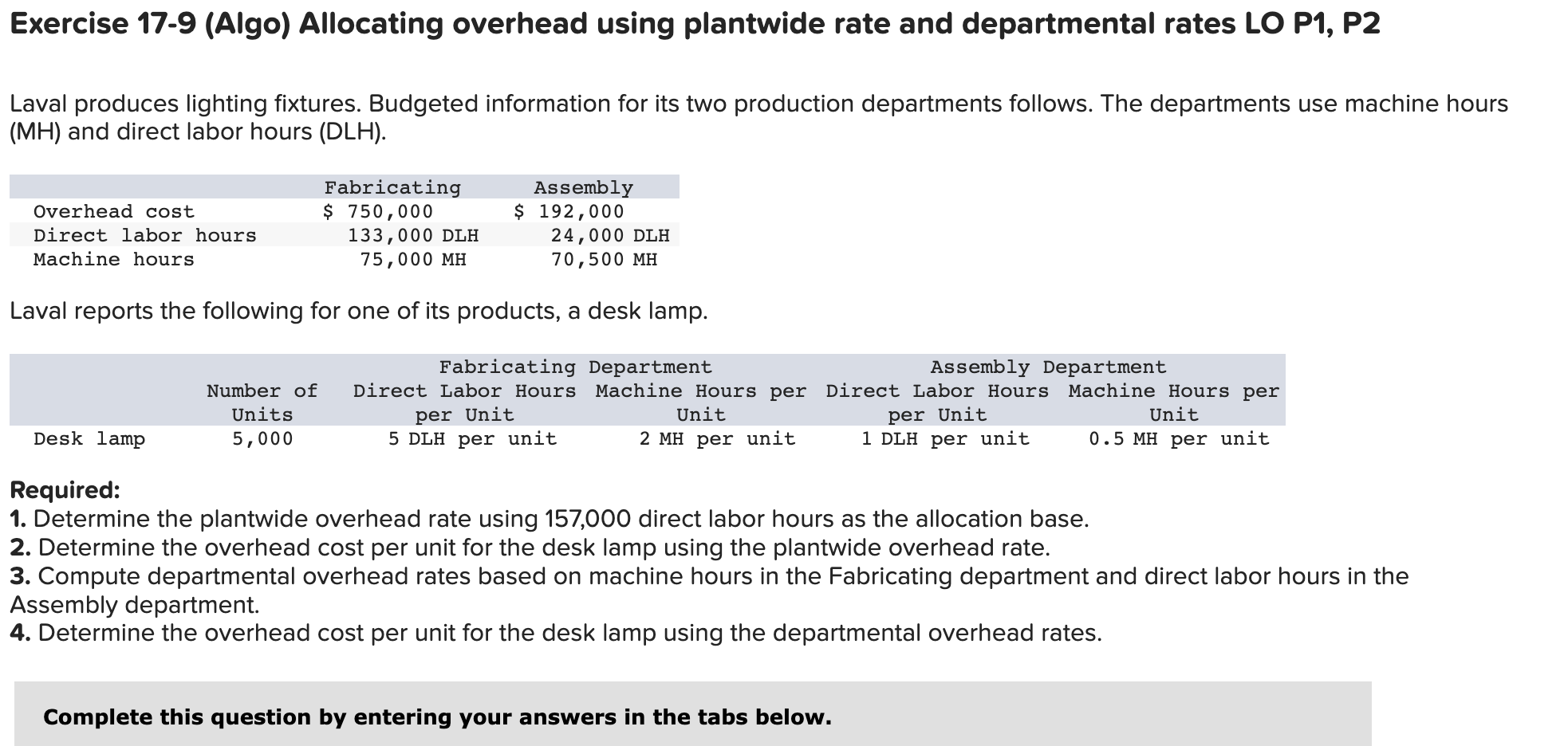 Solved Exercise 17-9 (Algo) Allocating overhead using | Chegg.com