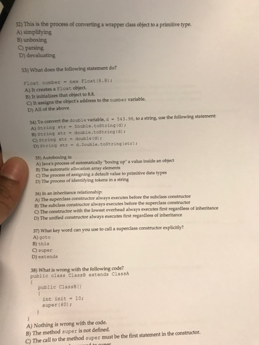 Solved This is the process of converting a wrapper class | Chegg.com