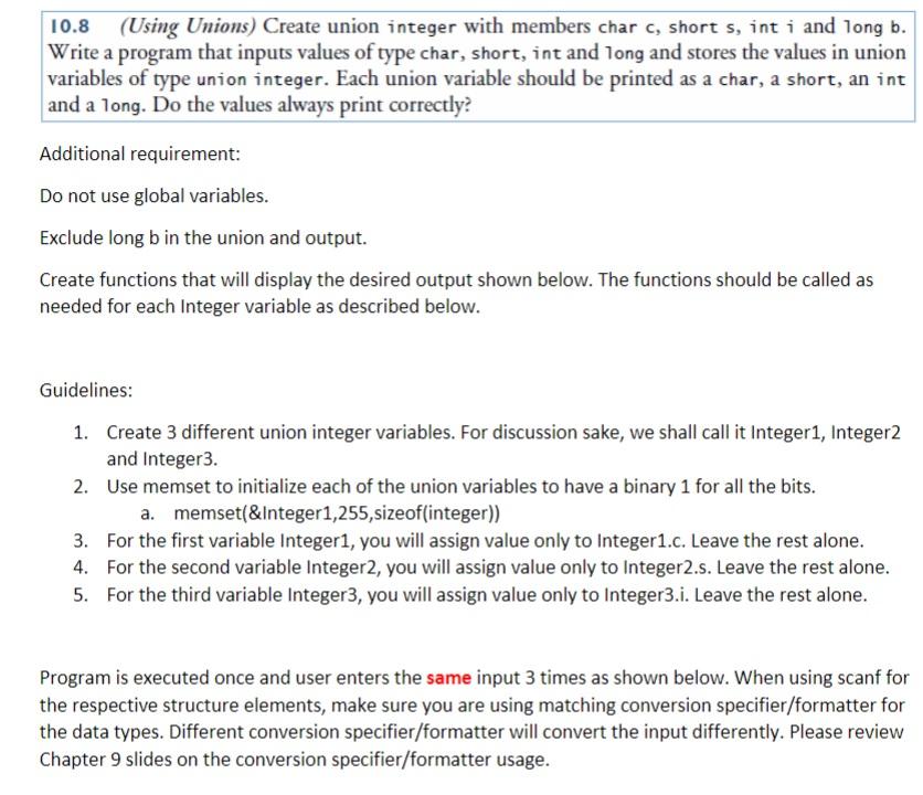 Solved 10.8 (Using Unions) Create union integer with members | Chegg.com