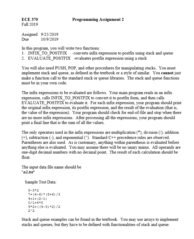 ЕСЕ 370 Fall 2019 Programming Assignment 2 Assigned | Chegg.com