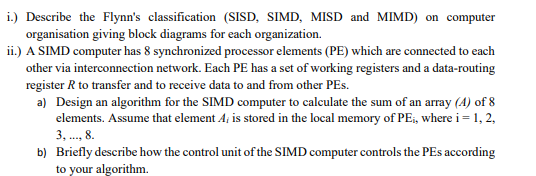 Solved I Describe The Flynns Classification Sisd Simd
