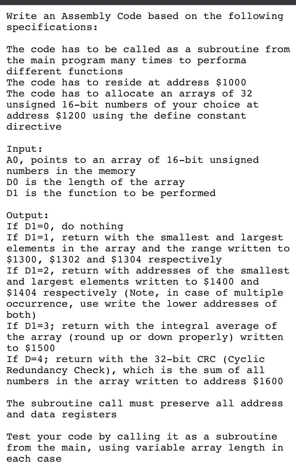 Write an Assembly Code based on the following | Chegg.com