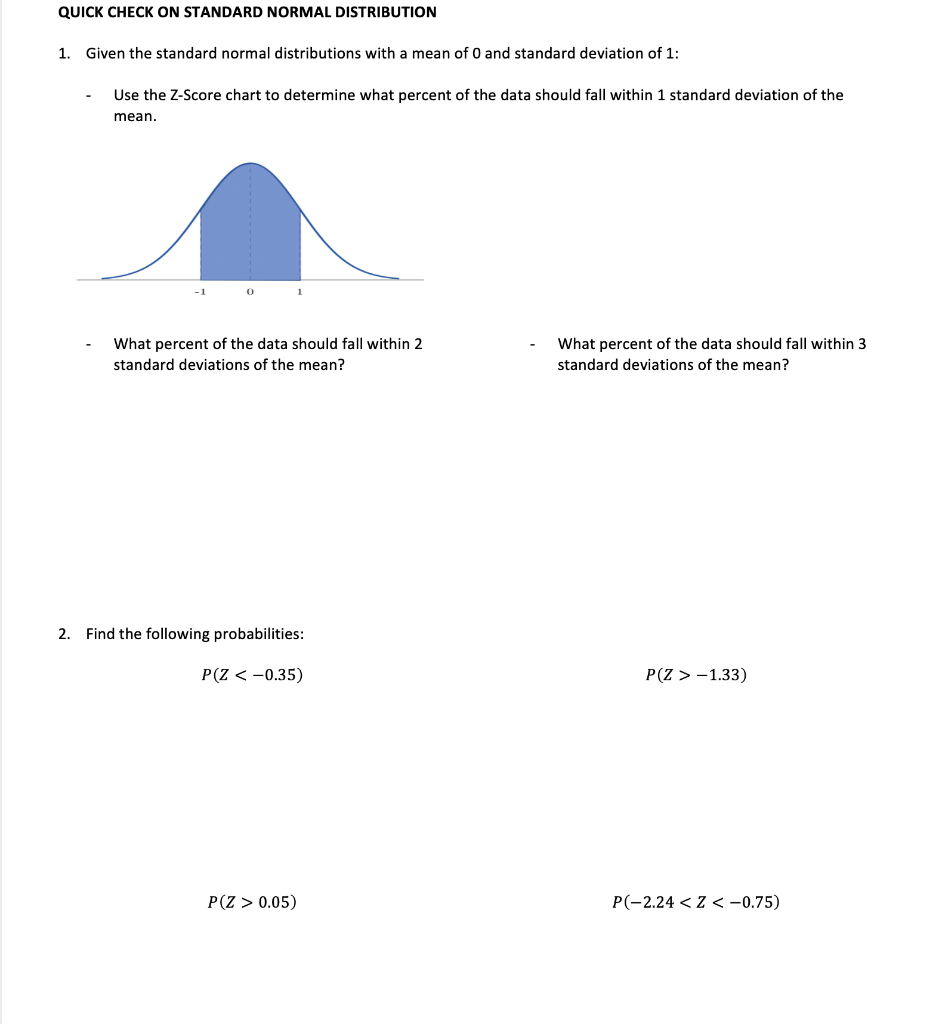 Solved QUICK CHECK ON STANDARD NORMAL DISTRIBUTION 1. Given | Chegg.com