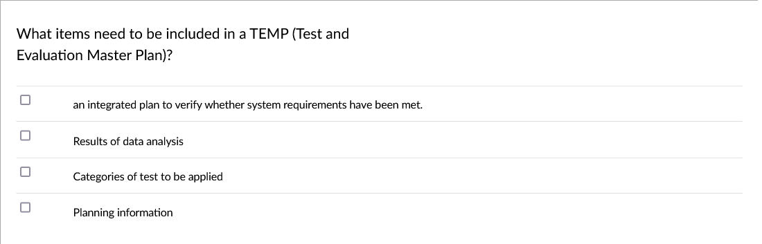 Solved What items need to be included in a TEMP (Test and | Chegg.com