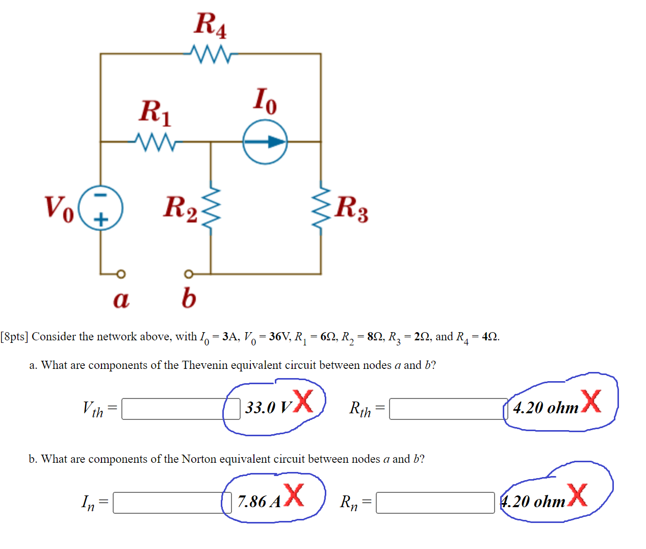 Solved 8pts] Consider the network above, with I0=3 A,V0=36 | Chegg.com