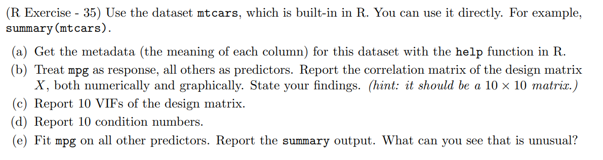 R Exercise 35 Use The Dataset Mtcars Which Is