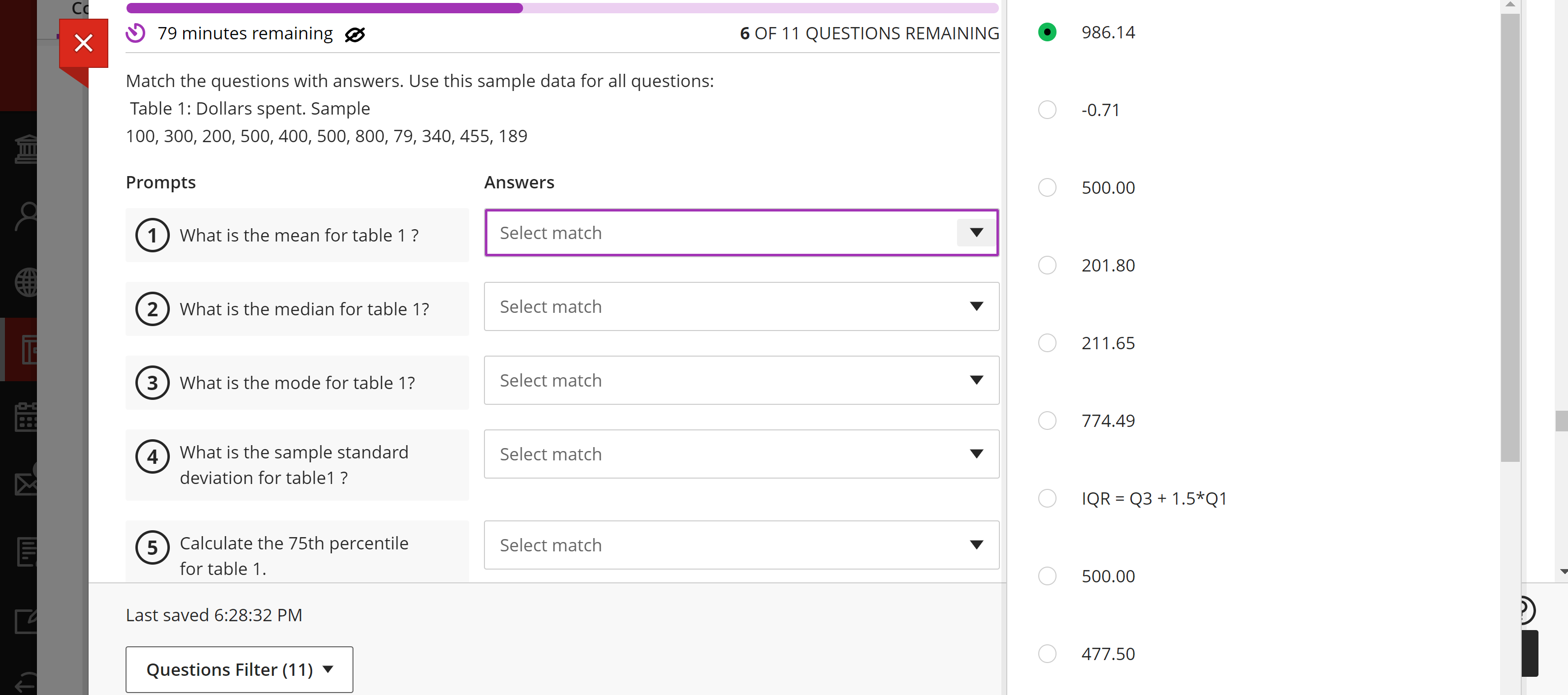 Solved () 79 minutes remaining ∅ 6 OF 11 QUESTIONS REMAINING | Chegg.com