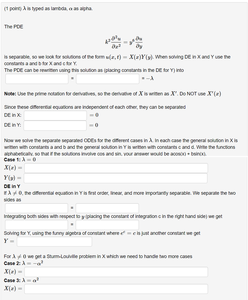 Solved (1 point) is typed as lambda, a as alpha. The PDE | Chegg.com