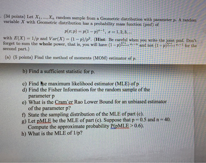 Solved (34 points) Let X1,., Xn random sample from a | Chegg.com