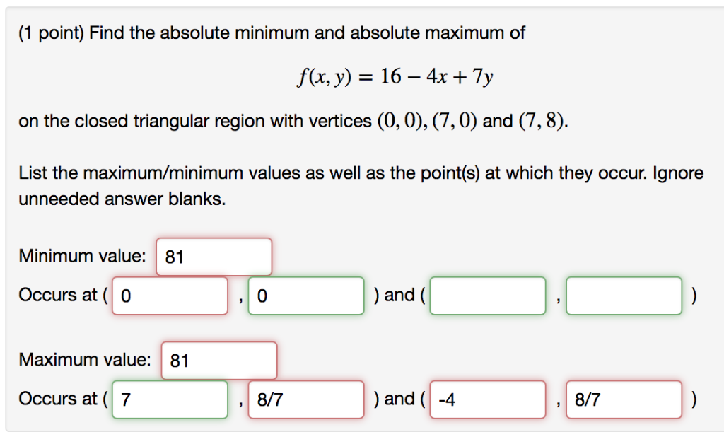 Solved (1 point) Find the absolute minimum and absolute | Chegg.com