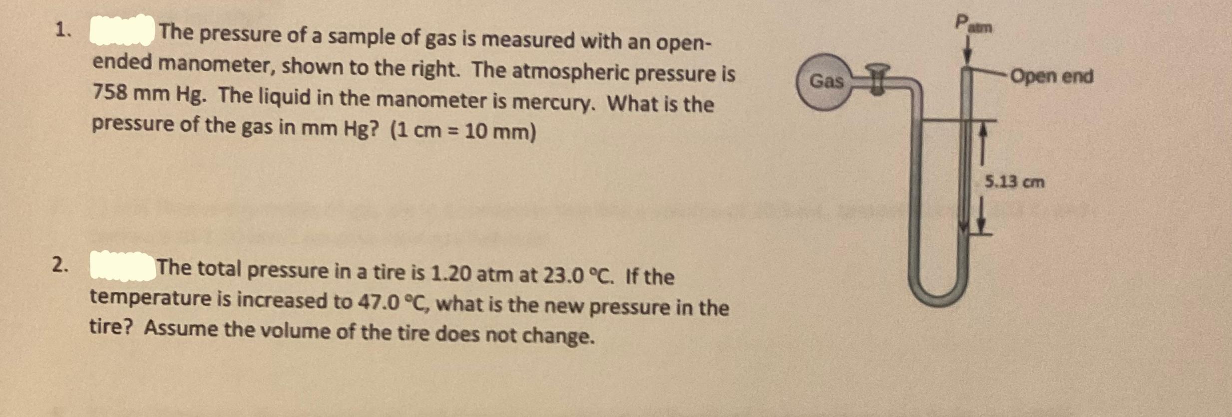 Solved Pom 1. The pressure of a sample of gas is measured | Chegg.com