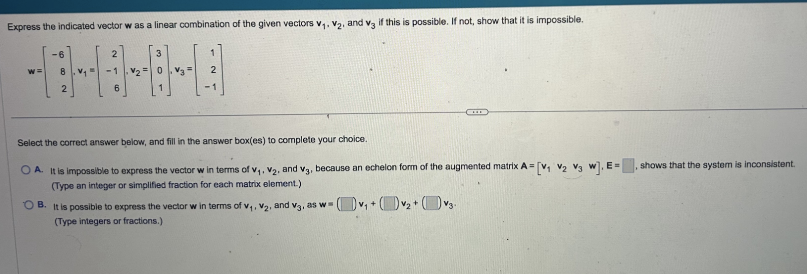 Solved \\[ w=\\left[\\begin{array}{r} -6 \\\\ 8 \\\\ 2 | Chegg.com