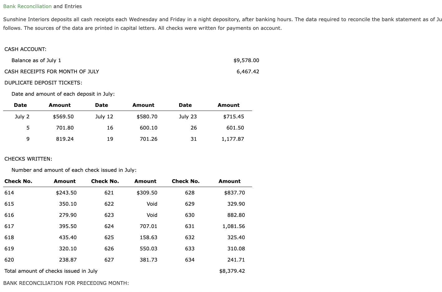 Solved Bank Reconciliation and tntries Sunshine Interiors | Chegg.com