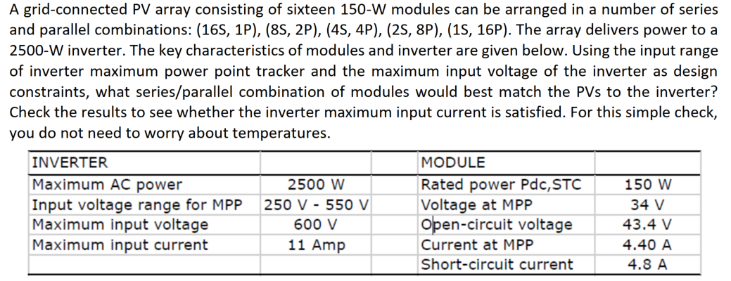 Solved A grid-connected PV array consisting of sixteen 150-W | Chegg.com