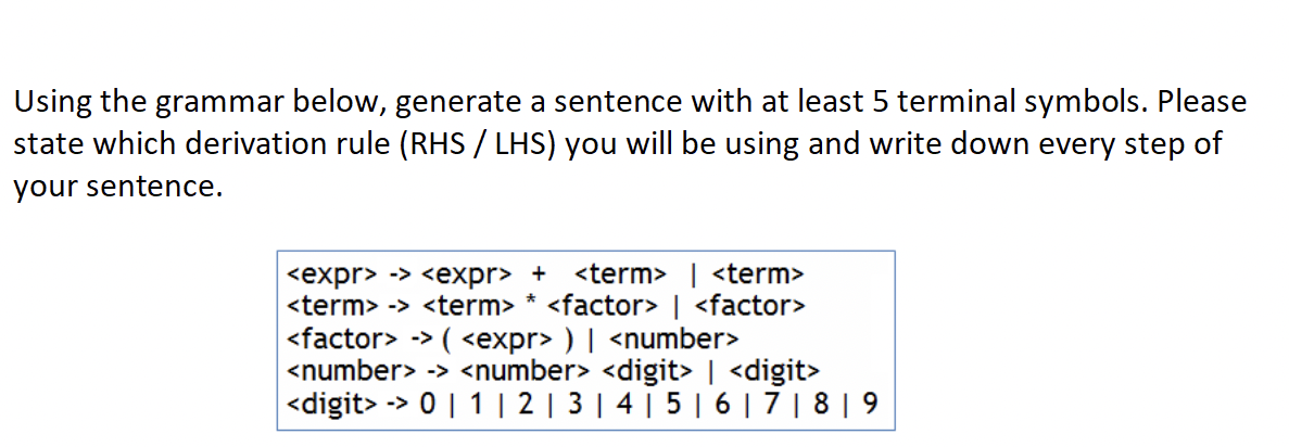 Solved Using the grammar below, generate a sentence with at | Chegg.com