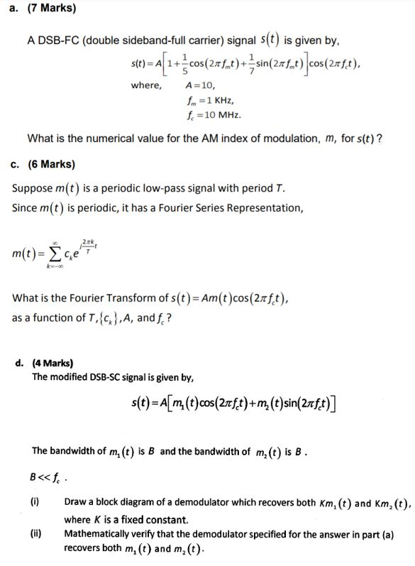 Solved a. (7 Marks) A DSB-FC (double sideband-full carrier) | Chegg.com