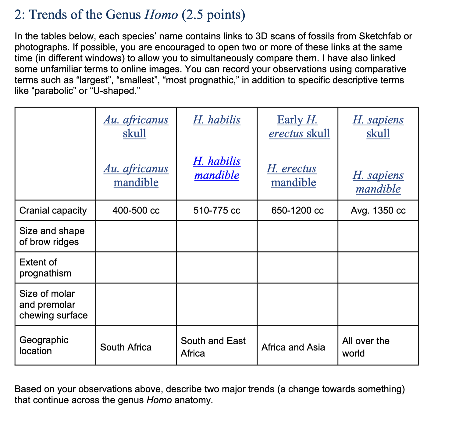 Solved 2: Trends of the Genus Homo (2.5 points) In the | Chegg.com