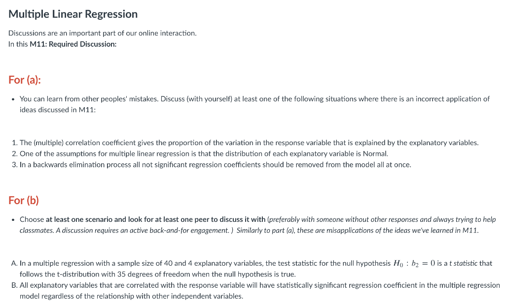 Multiple Linear Regression Discussions are an | Chegg.com