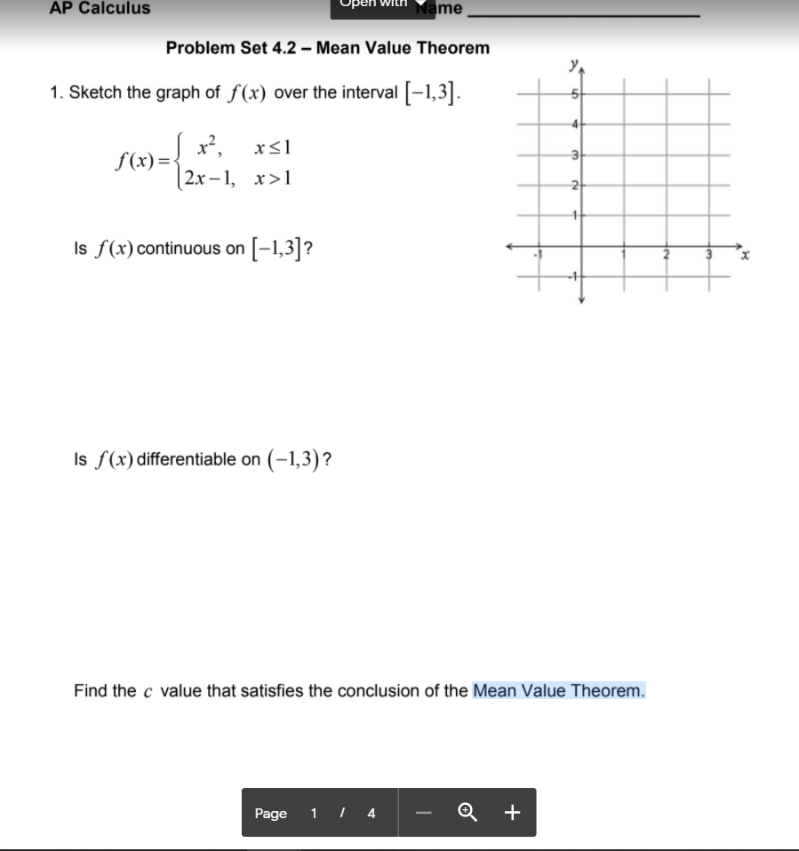 Solved AP Calculus Name Problem Set 4.2 - Mean Value Theorem | Chegg.com