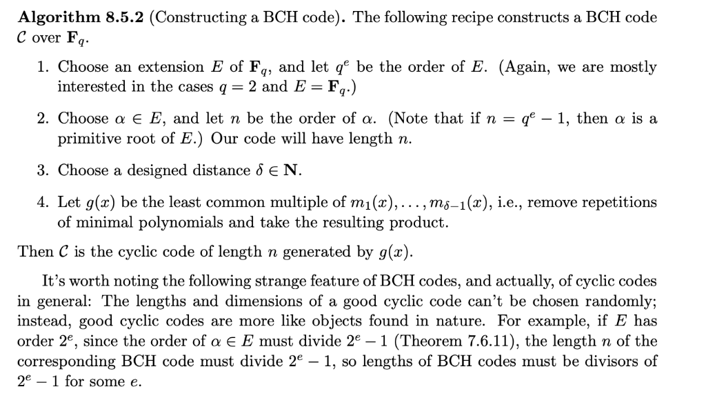 Algorithm 8.5.2 (Constructing a BCH code). The | Chegg.com