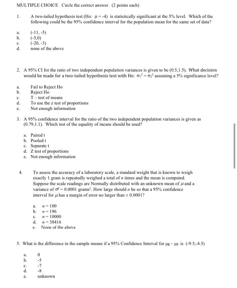 Solved MULTIPLE CHOICE Circle the correct answer. (2 points | Chegg.com