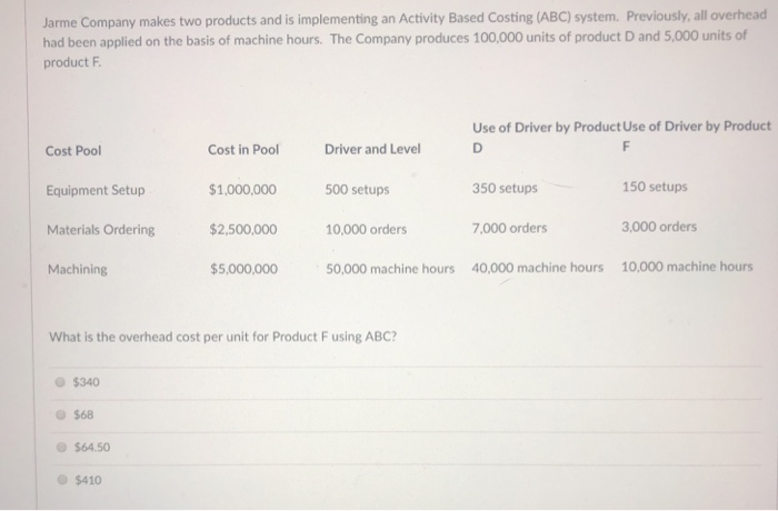 Solved Jarme Company makes two products and is implementing | Chegg.com