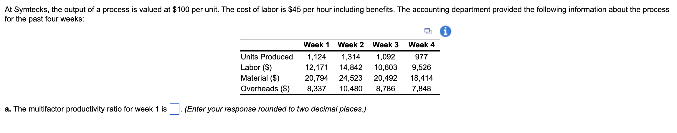 Solved a. The multifactor productivity ratio for week 1 is | Chegg.com