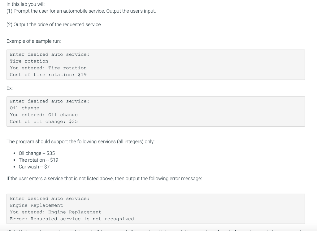 (Solved) : Lab 1 Prompt User Automobile Service Output User S Input 2 ... (Solved) : Lab 1 Prompt User Automobile Service Output User S Input 2 ...